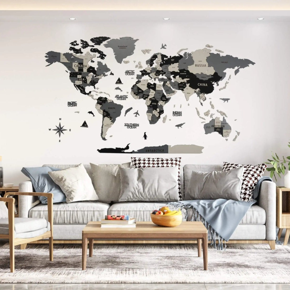 Wood Map Living Room Wall Decor (Grey Wall Art)