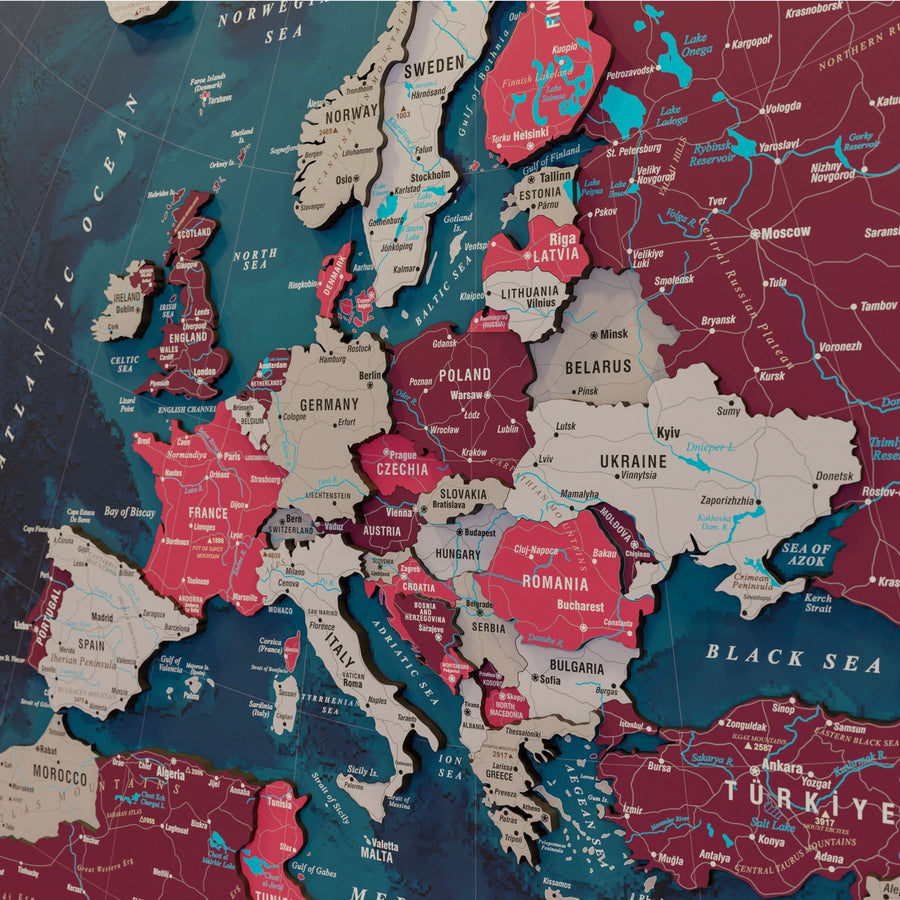 Wooden Europe Map with Rivers & Details (Crimson) – ColorfullWorlds
