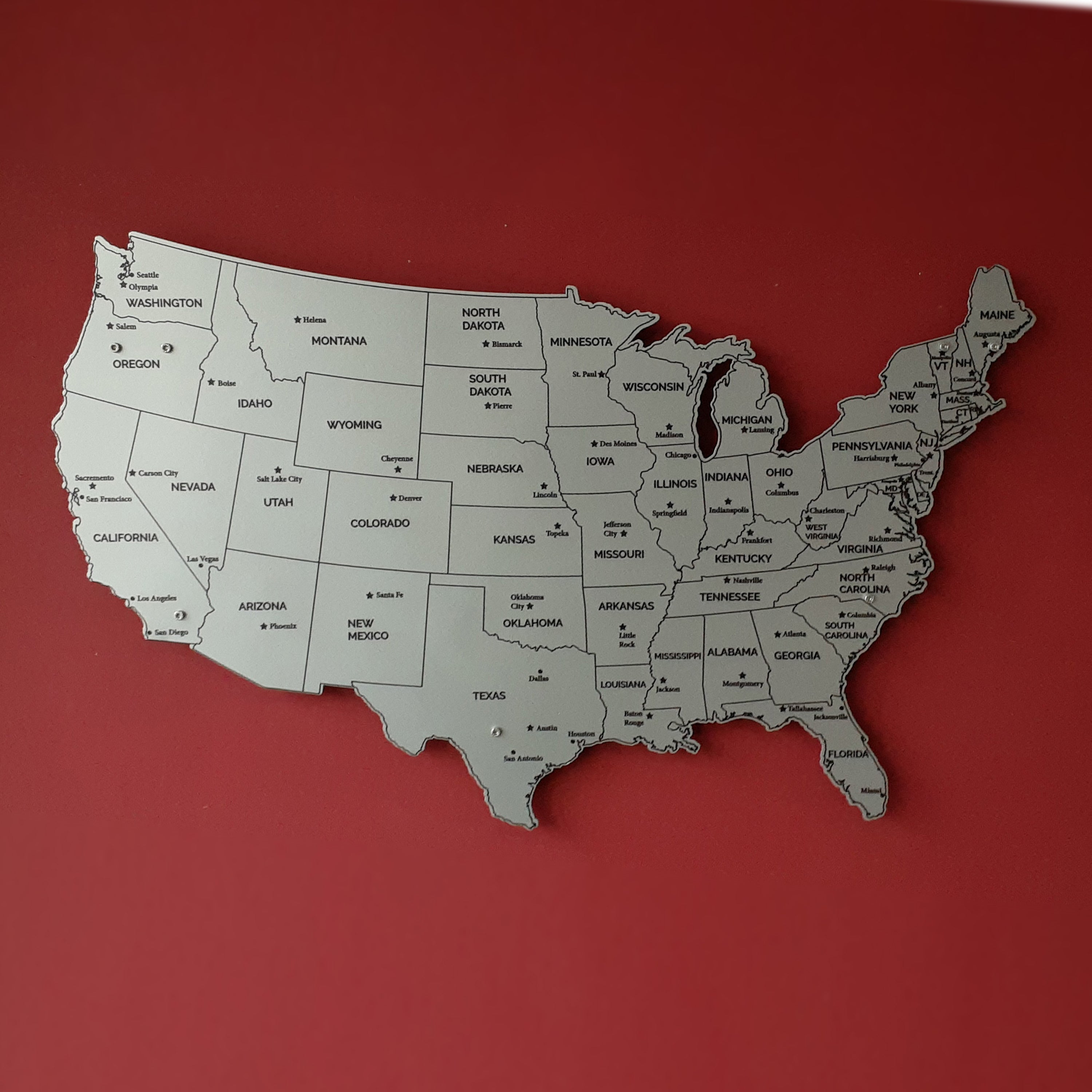Metal USA Map Wall Art - UV Printed Silver Metal USA Map Wall Art